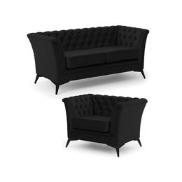 SITZGARNITUR 2+1 Chesterfield Whitby Schwarz Samt mit schwarzen F&uuml;&szlig;en