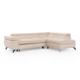 ECKSOFA mit Schlaffunktion und Bettkasten Bonnie aus Hellbeige Cord-Stoff mit verstellbaren Kopfst&uuml;tzen und Armlehne - Ottomane rechts