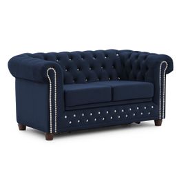 CHESTERFIELD-SOFA 2-Sitzer mit Schlaffunktion Cleo Blink Marineblau Samt mit Kristallsteppung und braunen Massivholzf&uuml;&szlig;en