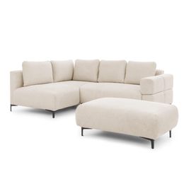 ECKSOFA inkl. Hocker Cardea mit Schlaffunktion in Bubble-Optik aus weichem Hellbeige Strukturstoff und hohem Sitzkomfort - Ottomane links