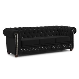 CHESTERFIELD-SOFA 3-Sitzer mit Schlaffunktion Cleo Blink Schwarz Samt mit Kristallsteppung und braunen Massivholzf&uuml;&szlig;en