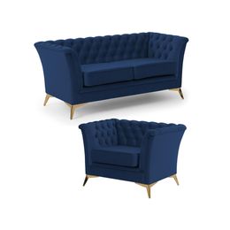 SITZGARNITUR 2+1 Chesterfield Whitby Marineblau Samt mit goldenen F&uuml;&szlig;en