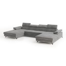 WOHNLANDSCHAFT DETTI Grau Velours-Stoff mit Schlaffunktion