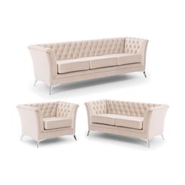 SITZGARNITUR 3+2+1 Chesterfield Whitby Beige Samt mit silbernen F&uuml;&szlig;en