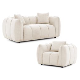 SITZGARNITUR 2+1 Nubira in tief gesteppter Bubble-Optik aus weichem Hellbeige Strukturstoff im modernen Design