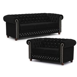 SITZGARNITUR 3+2 Chesterfield Cleo Blink Schwarz Samt mit Kristallsteppung und braunen Massivholzf&uuml;&szlig;en