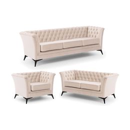 SITZGARNITUR 3+2+1 Chesterfield Whitby Beige Samt mit schwarzen F&uuml;&szlig;en