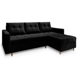 ECKSOFA MILO L Schwarz Pl&uuml;sch-Stoff mit Schlaffunktion