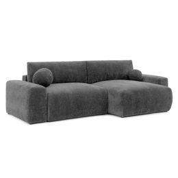 ECKSOFA Puffy mit Schlaffunktion und Bettkasten - besonders weich und puffig aus Dunkelgrau Stoff mit Chenillestruktur - Ottomane rechts