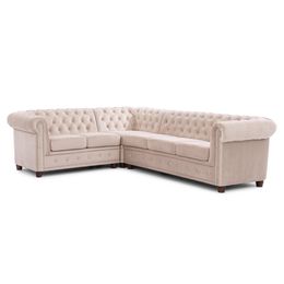ECKSOFA Chesterfield Cleo Blink Beige Samt mit Kristallsteppung und braunen Massivholzf&uuml;&szlig;en - Ottomane Links