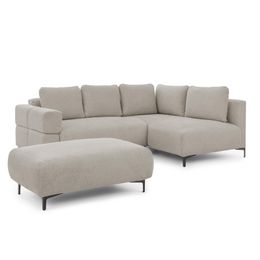 ECKSOFA inkl. Hocker Cardea mit Schlaffunktion in Bubble-Optik aus weichem Taupe Strukturstoff und hohem Sitzkomfort - Ottomane rechts