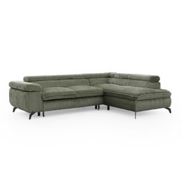 ECKSOFA mit Schlaffunktion und Bettkasten Bonnie aus Olive Cord-Stoff mit verstellbaren Kopfst&uuml;tzen und Armlehne - Ottomane rechts