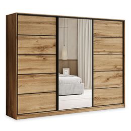 SCHWEBET&Uuml;RENSCHRANK PINA 250/205/58 cm 3-t&uuml;rig mit Spiegel und Schubladen Eiche Wotan
