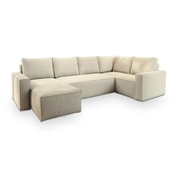 WOHNLANDSCHAFT NORENA R-S Creme Kordstoff mit Schlaffunktion
