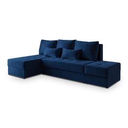 ECKSOFA NORVI Blau Pl&uuml;sch-Stoff mit Schlaffunktion