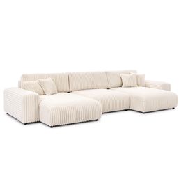 WOHNLANDSCHAFT Mollis Hellbeige Pl&uuml;schcord mit Schlaffunktion