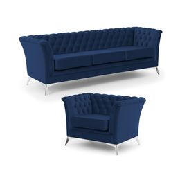 SITZGARNITUR 3+1 Chesterfield Whitby Marineblau Samt mit silbernen F&uuml;&szlig;en