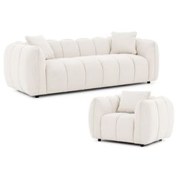 SITZGARNITUR 3+1 Nubira in tief gesteppter Bubble-Optik aus weichem Creme Strukturstoff im modernen Design
