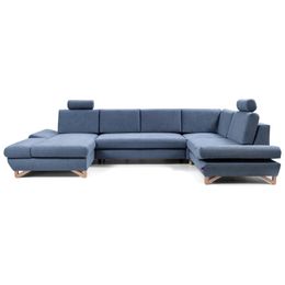 WOHNLANDSCHAFT CASA IV R-S Blau Pl&uuml;sch-Stoff mit Schlaffunktion