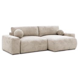 ECKSOFA Puffy mit Schlaffunktion und Bettkasten - besonders weich und puffig aus Dunkelbeige Chenille-Stoff - Ottomane rechts