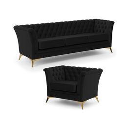 SITZGARNITUR 3+1 Chesterfield Whitby Schwarz Samt mit goldenen F&uuml;&szlig;en