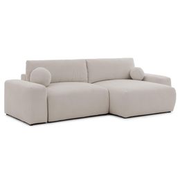 ECKSOFA Puffy mit Schlaffunktion und Bettkasten - besonders weich und puffig aus Beige Webstoff - Ottomane rechts