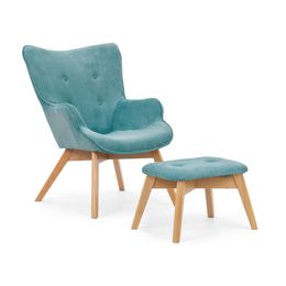 LOUNGESESSEL mit Fu&szlig;hocker Lenari T&uuml;rkis Cordstoff mit F&uuml;&szlig;en in Natur