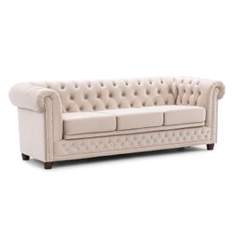 CHESTERFIELD-SOFA 3-Sitzer mit Schlaffunktion Cleo Blink Beige Samt mit Kristallsteppung und braunen Massivholzf&uuml;&szlig;en