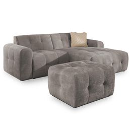 ECKSOFA inkl. Hocker Kozy im Bumpy-Design mit Schlaffunktion und fester R&uuml;ckenlehne aus weichem Taupe Chenille-Stoff - Ottomane rechts