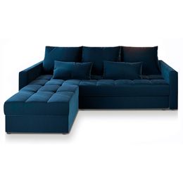 ECKSOFA KOS PIK Blau Pl&uuml;sch-Stoff mit Schlaffunktion