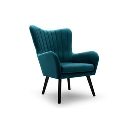 SESSEL DINA, Klassisch Loungesessel ergonomisch, Velours-Stoff Blau