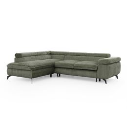 ECKSOFA mit Schlaffunktion und Bettkasten Bonnie aus Olive Cord-Stoff mit verstellbaren Kopfst&uuml;tzen und Armlehne - Ottomane links