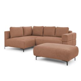 ECKSOFA inkl. Hocker Cardea mit Schlaffunktion in Bubble-Optik aus weichem Terrakotta Strukturstoff und hohem Sitzkomfort - Ottomane links