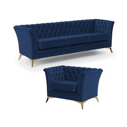 SITZGARNITUR 3+1 Chesterfield Whitby Marineblau Samt mit goldenen F&uuml;&szlig;en