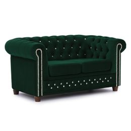 CHESTERFIELD-SOFA 2-sitzer Cleo Blink Flasche Gr&uuml;n Samt mit Kristallsteppung und braunen Massivholzf&uuml;&szlig;en