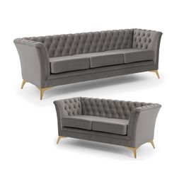 SITZGARNITUR 3+2 Chesterfield Whitby Grau Samt mit goldenen F&uuml;&szlig;en