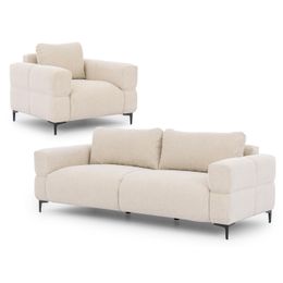SITZGARNITUR 3+1 Cardea in Bubble-Optik aus weichem Hellbeige Strukturstoff mit hohem Sitzkomfort