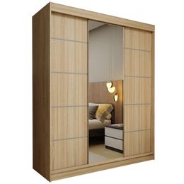 SCHWEBET&Uuml;RENSCHRANK MIRELLA 180/216/61 cm 3-t&uuml;rig mit Spiegel Sonoma Eiche