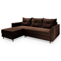 ECKSOFA PISAN R-S Braun Pl&uuml;sch-Stoff mit Schlaffunktion