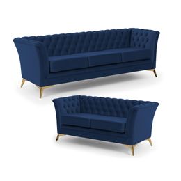 SITZGARNITUR 3+2 Chesterfield Whitby Marineblau Samt mit goldenen F&uuml;&szlig;en