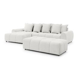 ECKSOFA inkl. Hocker Bubble mit Schlaffunktion und losen R&uuml;ckenkissen, Sitzfl&auml;che in Bubble-Optik aus weichem Creme Strukturstoff - Ottomane Links