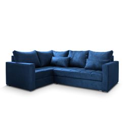 ECKSOFA LIRENO L-S Blau Pl&uuml;sch-Stoff mit Schlaffunktion