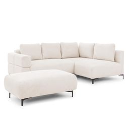 ECKSOFA inkl. Hocker Cardea mit Schlaffunktion in Bubble-Optik aus weichem Creme Strukturstoff und hohem Sitzkomfort - Ottomane rechts