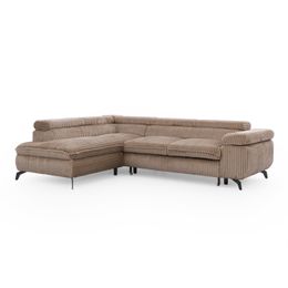 ECKSOFA mit Schlaffunktion und Bettkasten Bonnie aus Beige Cord-Stoff mit verstellbaren Kopfst&uuml;tzen und Armlehne - Ottomane links