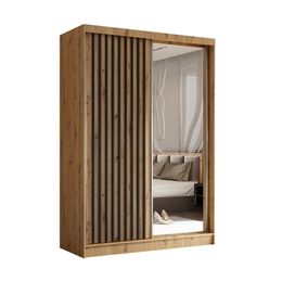 SCHWEBET&Uuml;RENSCHRANK LAMELLO 150/216/61 cm 2-t&uuml;rig mit Spiegel Eiche Artisan