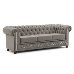 CHESTERFIELD-SOFA 3-Sitzer mit Schlaffunktion Cleo Blink Grau Samt mit Kristallsteppung und braunen Massivholzf&uuml;&szlig;en