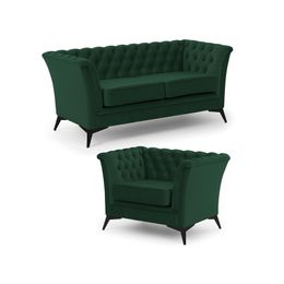 SITZGARNITUR 2+1 Chesterfield Whitby Flaschengr&uuml;n Samt mit schwarzen F&uuml;&szlig;en