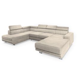 WOHNLANDSCHAFT SIENA L-S Creme Velours-Stoff mit Schlaffunktion