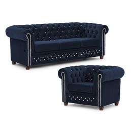 SITZGARNITUR 3+1 Chesterfield Cleo Blink Marineblau Samt mit Kristallsteppung und braunen Massivholzf&uuml;&szlig;en
