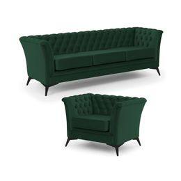 SITZGARNITUR 3+1 Chesterfield Whitby Flasche Gr&uuml;n Samt mit schwarzen F&uuml;&szlig;en